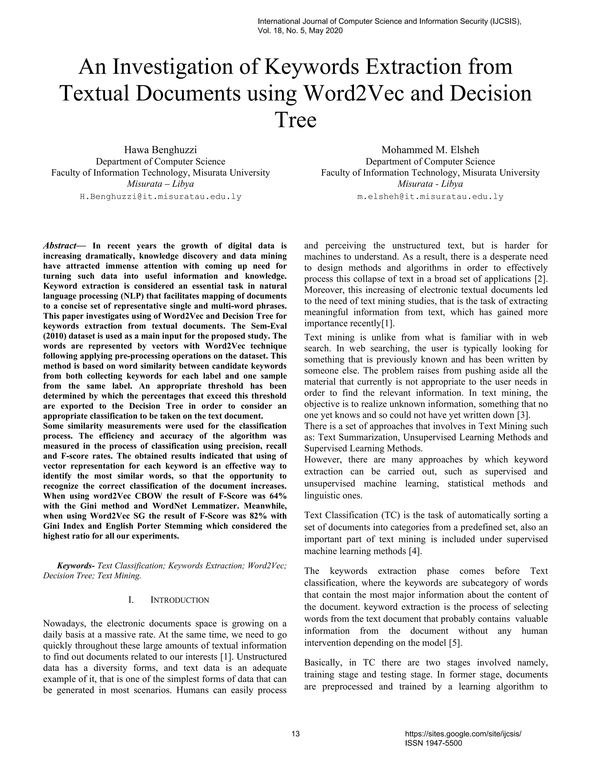 An Investigation Of Keywords Extraction From Textual Documents Using Word2vec And Decision Tree