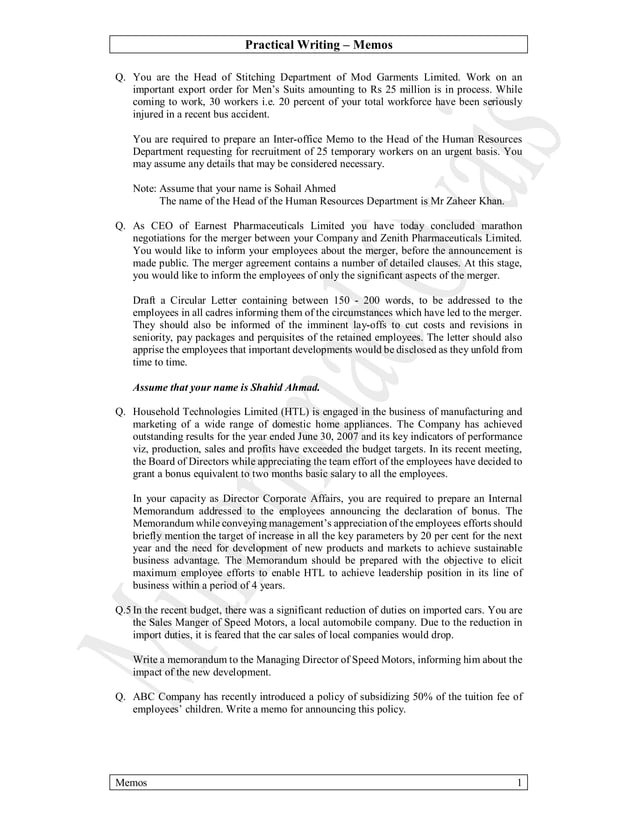 03 practical writing all memos | PDF | Human Resources | Business