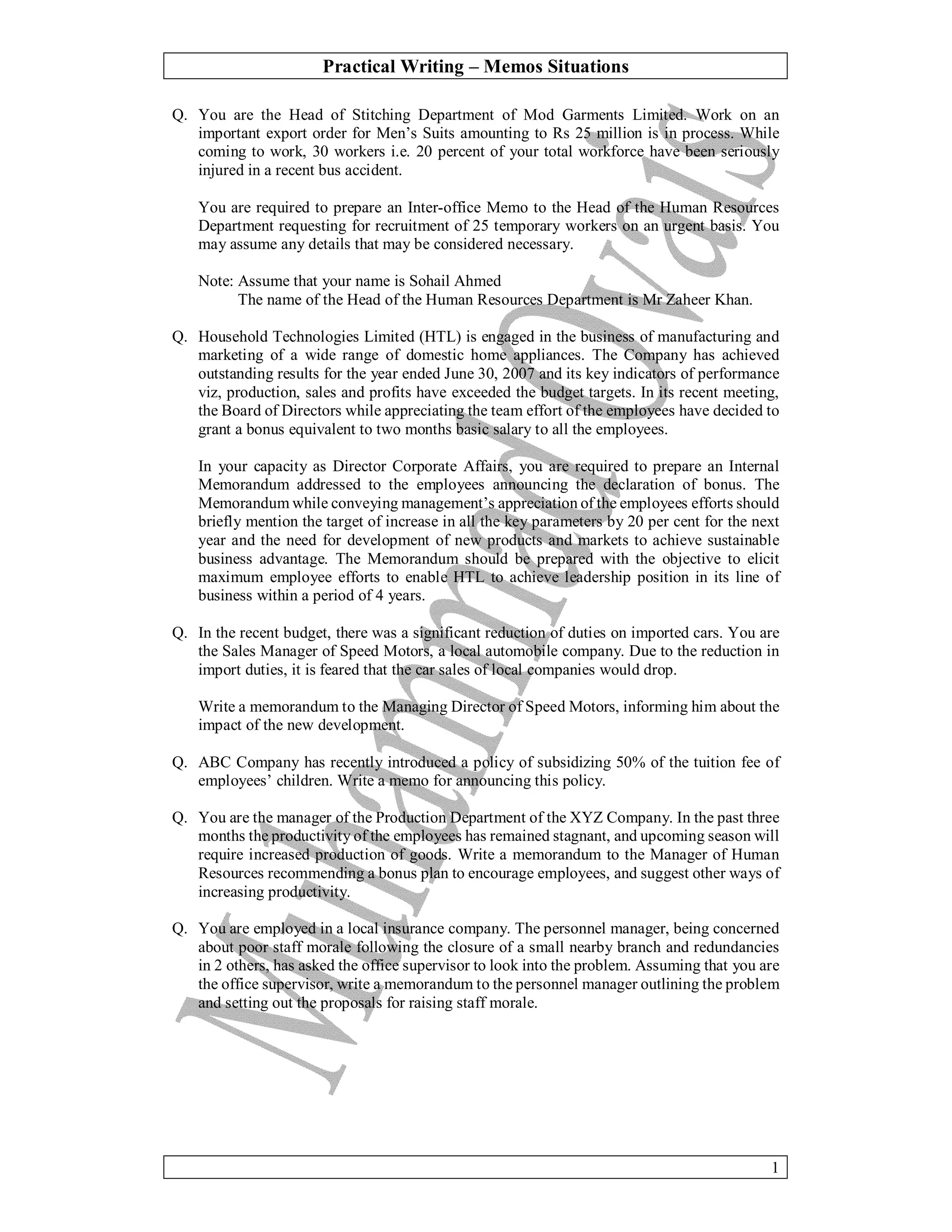 03 practical writing questions - memos | PDF | Human Resources | Business