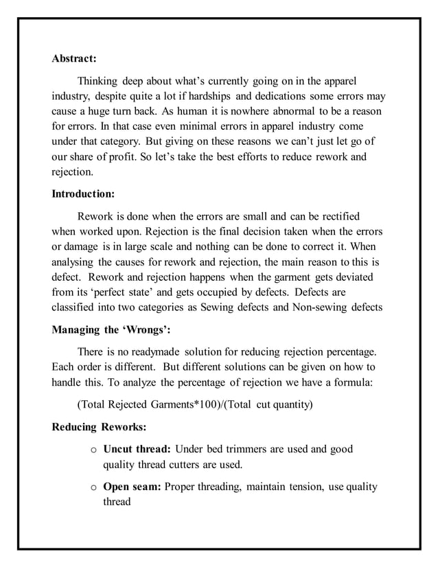 Reduce reuse and rejection of garments and orders of apparel industry ...