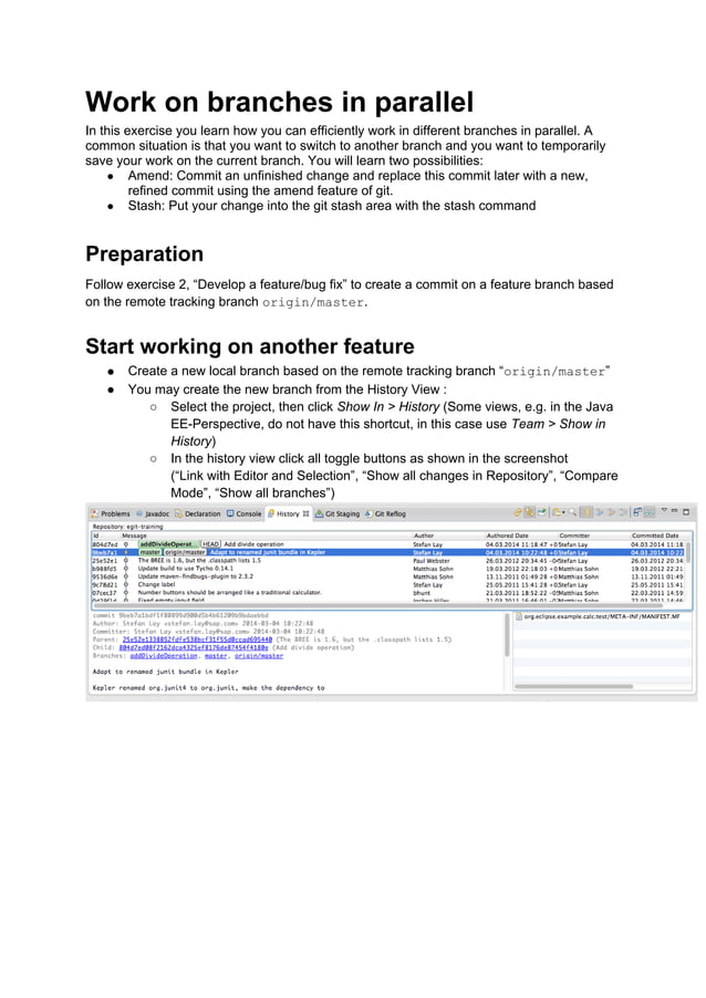 Git Tutorial EclipseCon France 2014 - Git Exercise 03 - work on branches in parallel | PDF