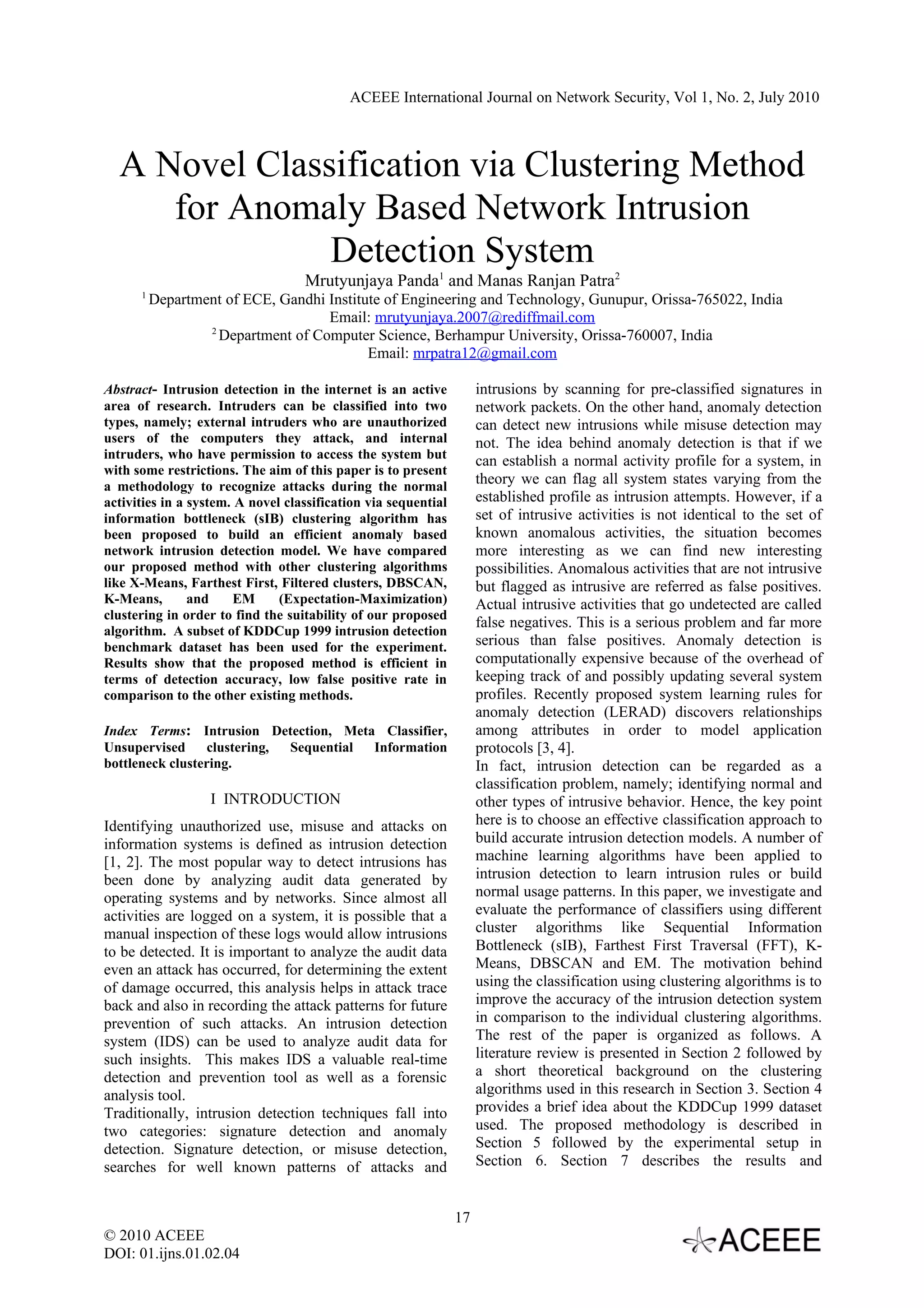 A Novel Classification Via Clustering Method For Anomaly Based Network