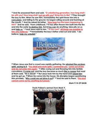 04-14-19, Mark 9;1-29, When It Is Time To Leave The Huddle & Commands | PDF