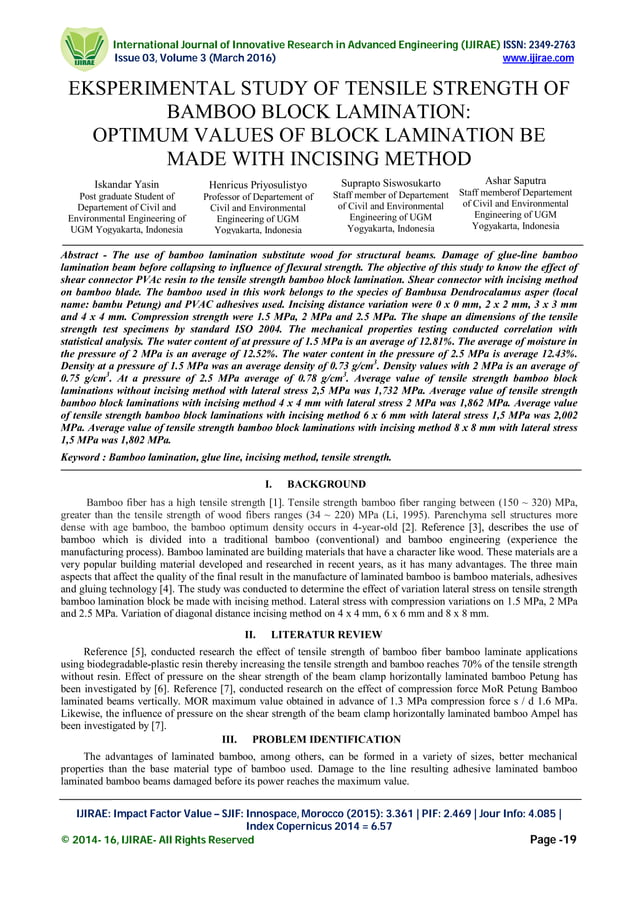 EKSPERIMENTAL STUDY OF TENSILE STRENGTH OF BAMBOO BLOCK LAMINATION ...