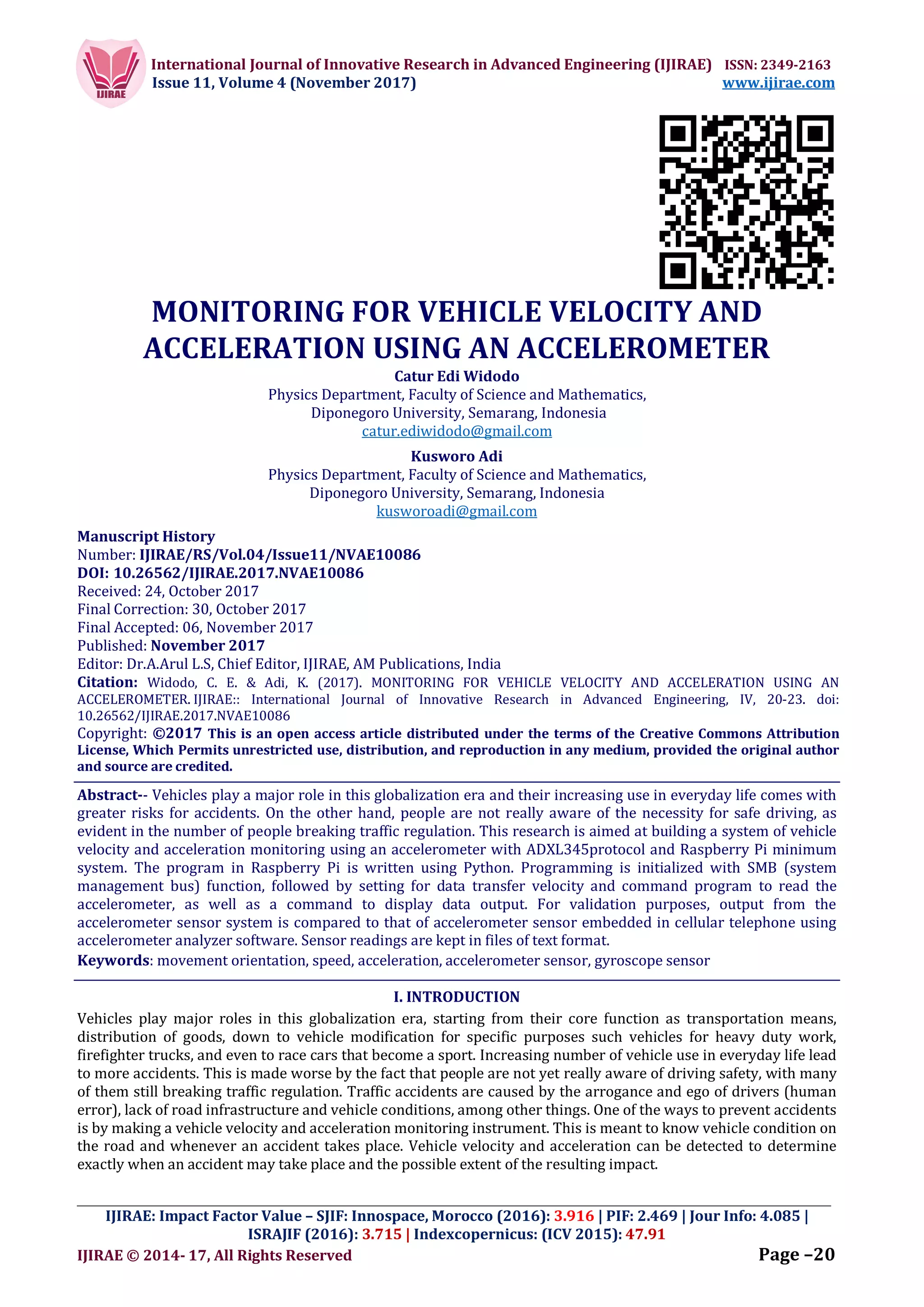 MONITORING FOR VEHICLE VELOCITY AND ACCELERATION USING AN ACCELEROMETER | PDF
