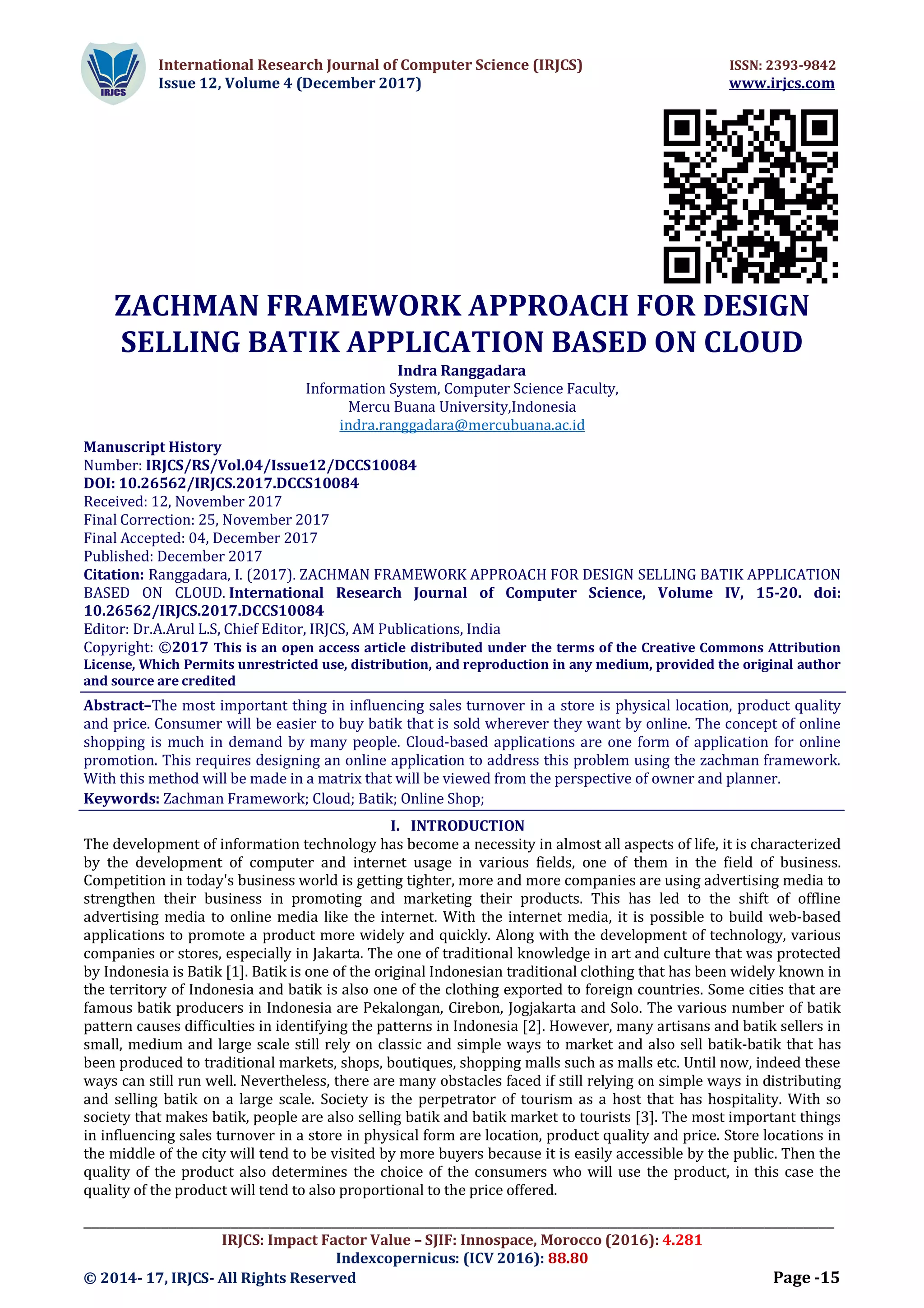 ZACHMAN FRAMEWORK APPROACH FOR DESIGN SELLING BATIK APPLICATION BASED ON CLOUD | PDF | Computer ...