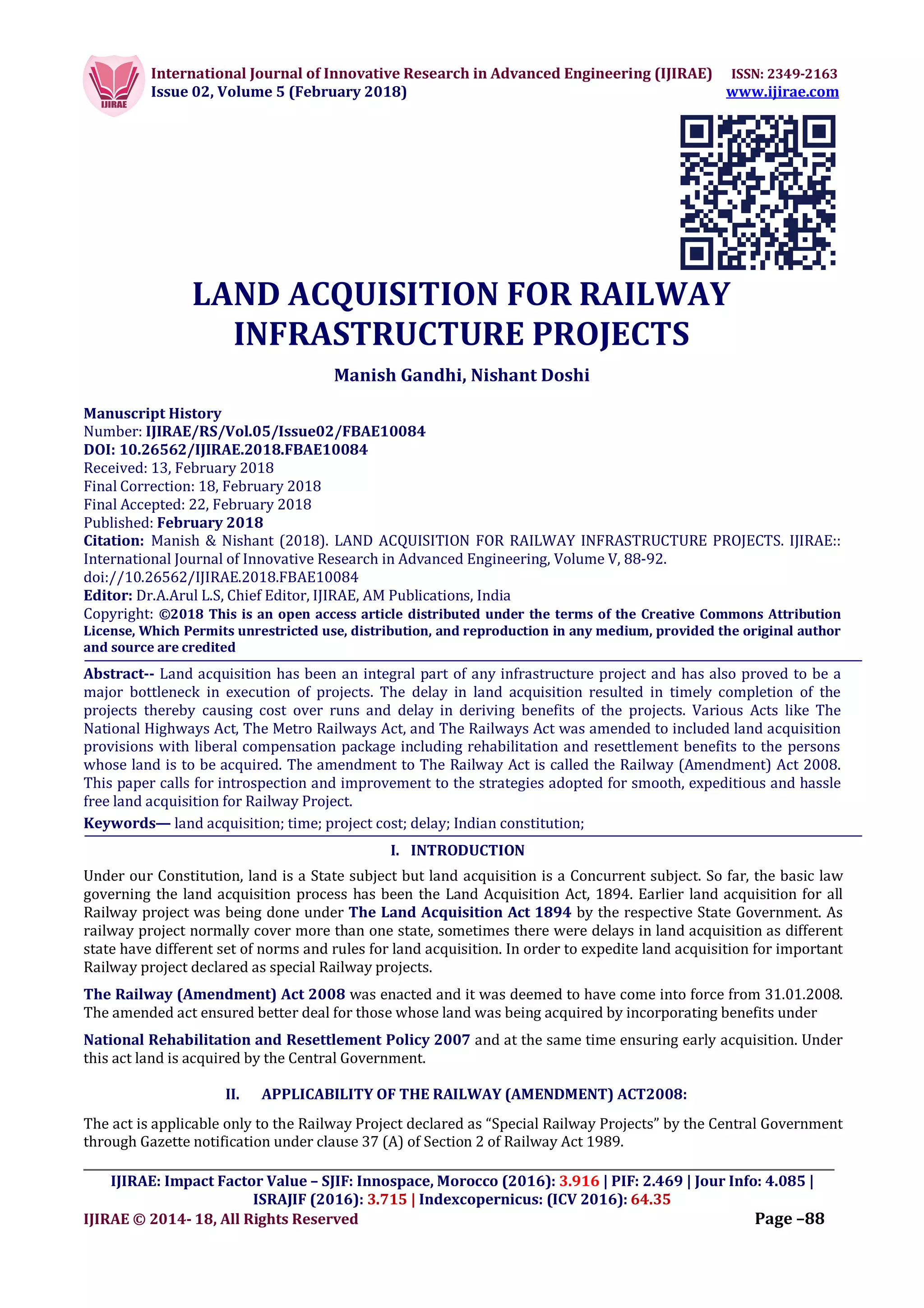 LAND ACQUISITION FOR RAILWAY INFRASTRUCTURE PROJECTS | PDF