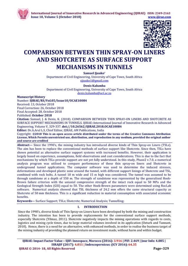 COMPARISON BETWEEN THIN SPRAY-ON LINERS AND SHOTCRETE AS SURFACE SUPPORT MECHANISMS IN TUNNELS ...