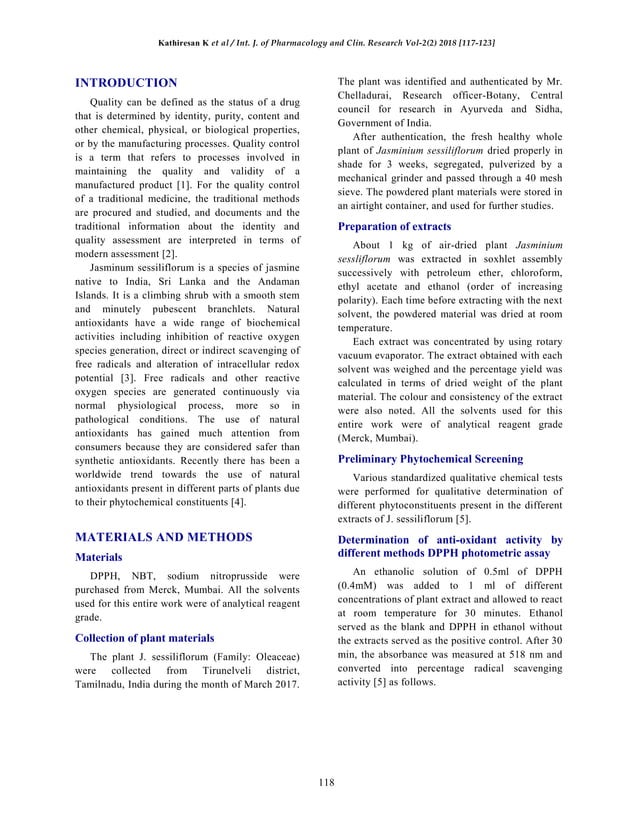 Phytochemical screening and in vitro antioxidant activity of extracts of jasminum sessiliflorum ...