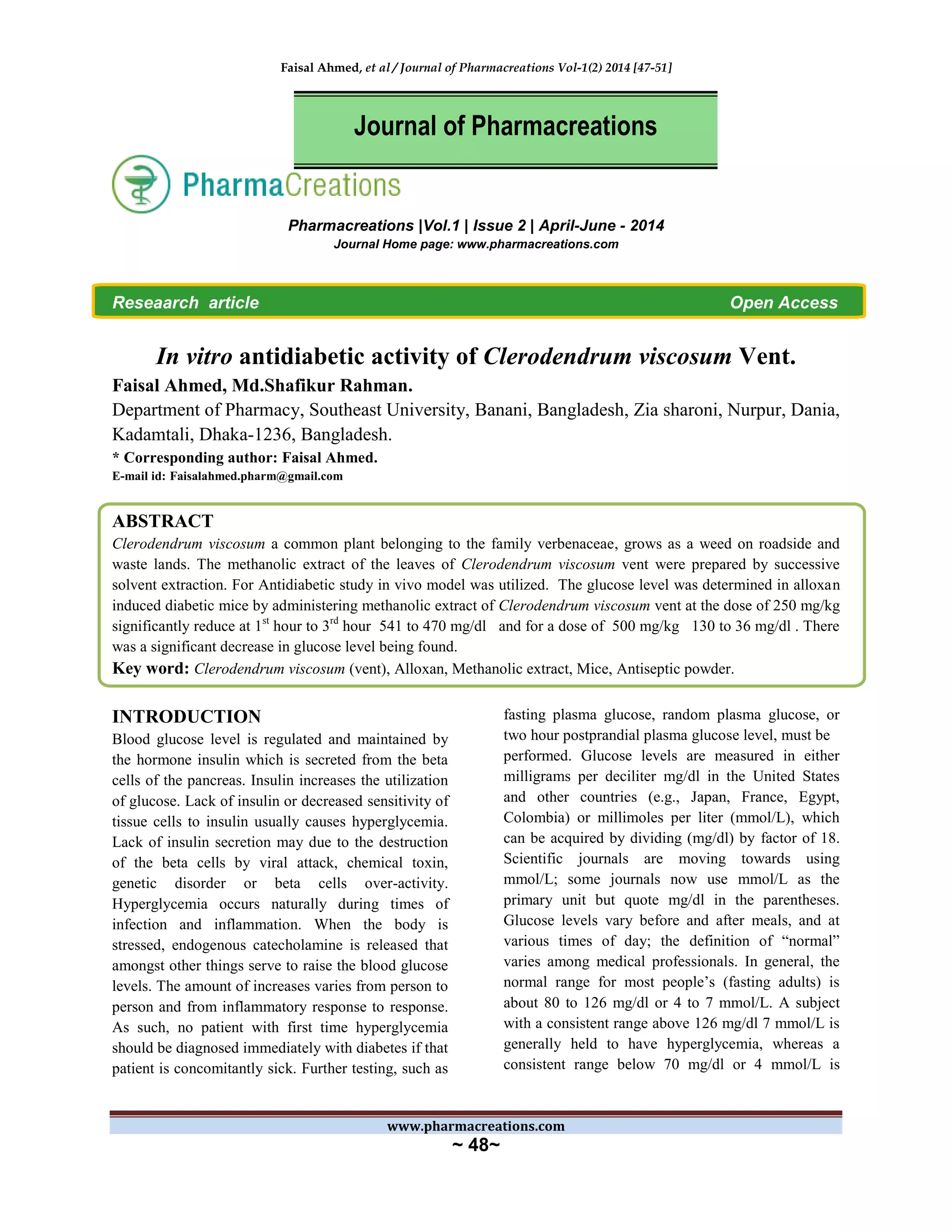 In vitro antidiabetic activity of Clerodendrum viscosum Vent | PDF