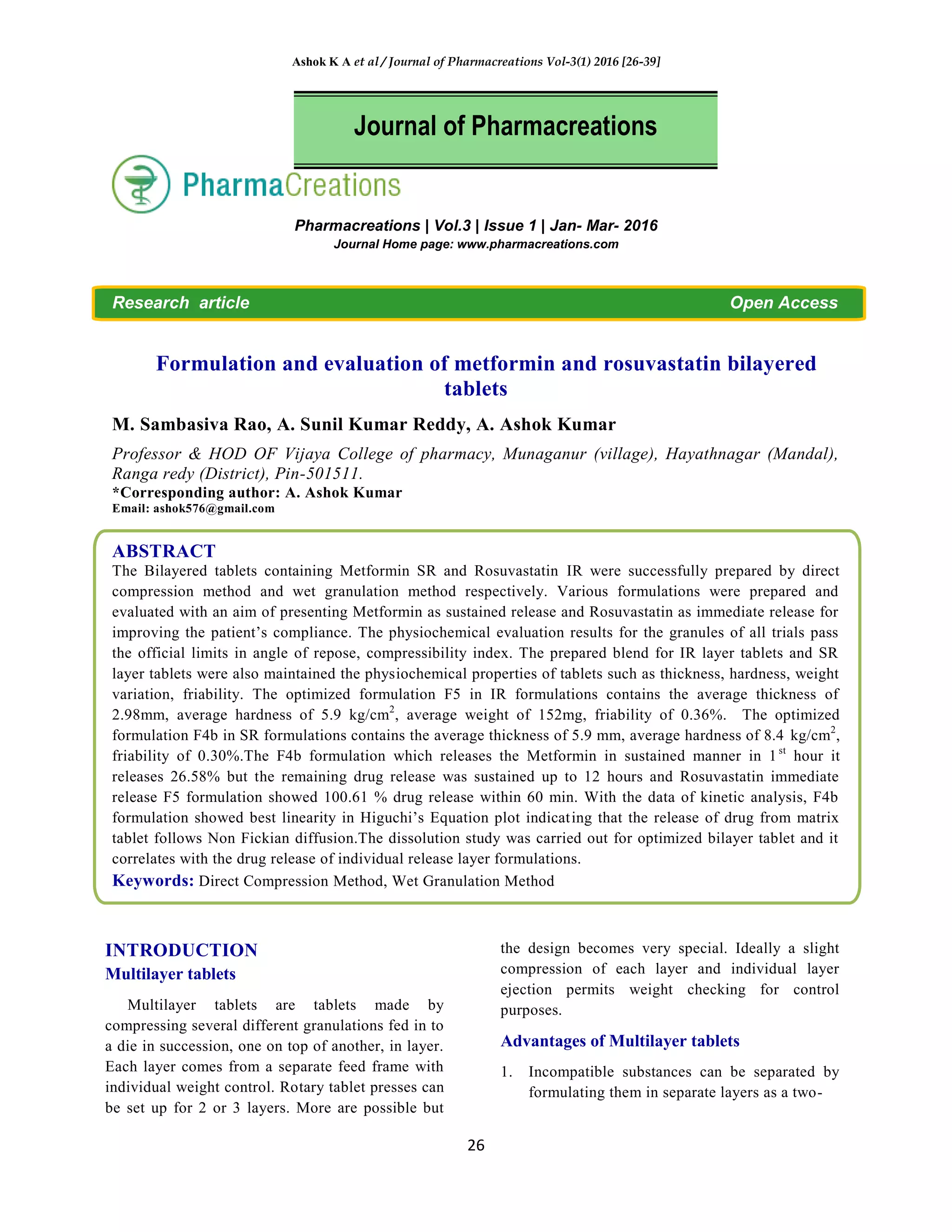 Formulation and evaluation of metformin and rosuvastatin bilayered ...