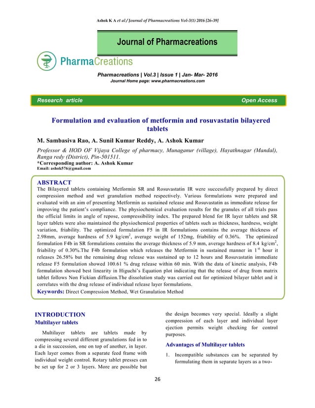 Formulation And Evaluation Of Metformin And Rosuvastatin Bilayered Tablets Pdf