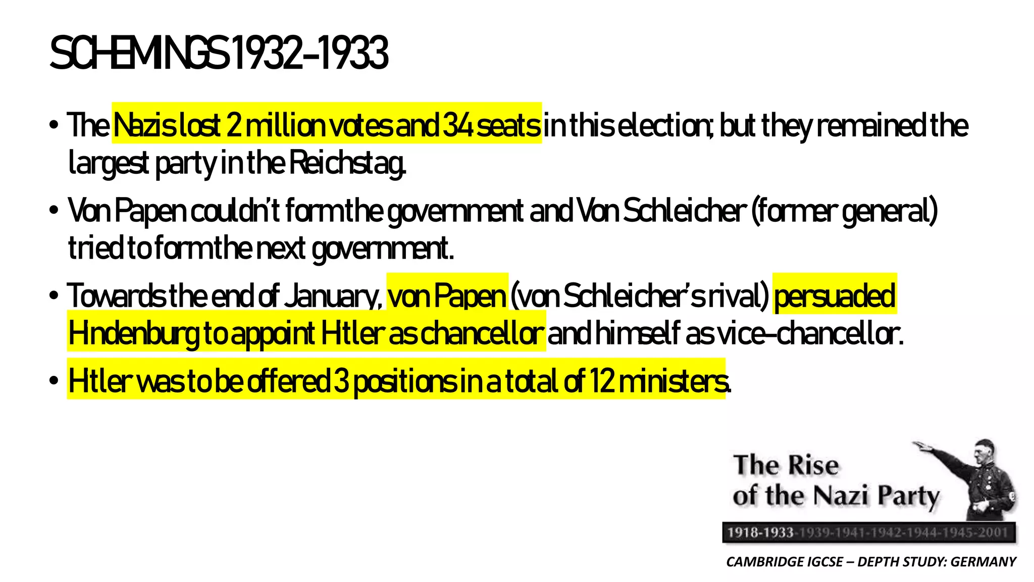 DEPTH STUDY GERMANY: NAZI REGIME - 04. HITLER BECOMING CHANCELLOR 1933 ...