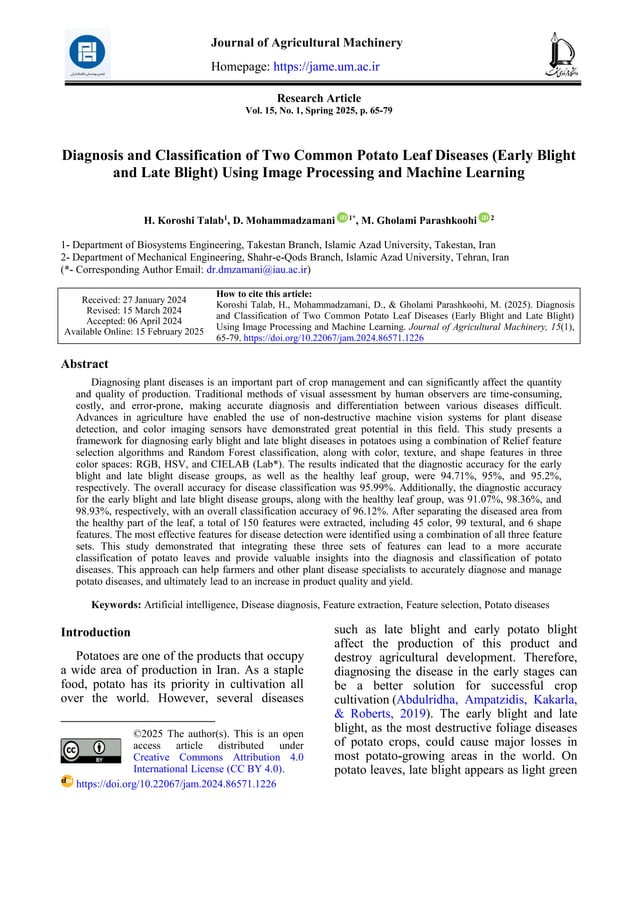 Diagnosis and Classification of Two Common Potato Leaf Diseases (Early Blight and Late Blight ...