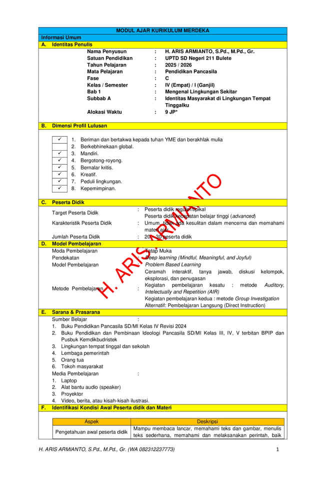 MODUL PEMBELAJARAN DEEP LEARNING PENDIDIKAN PANCASILA KELAS 4 REVISI TERBARU CP 032 KURIKULUM ...