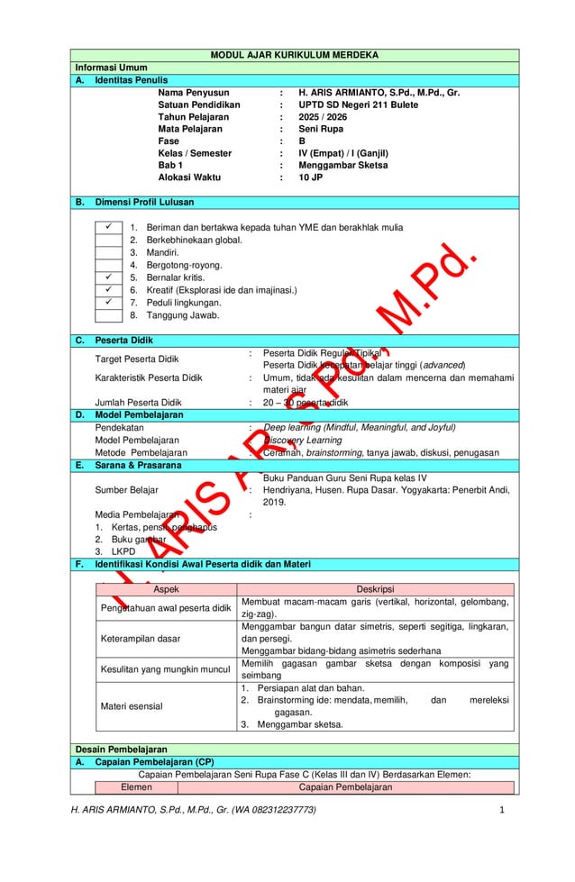 MODUL PEMBELAJARAN DEEP LEARNING SENI RUPA KELAS 4 REVISI CP 032 KURIKULUM MERDEKA SEMESTER 1 ...