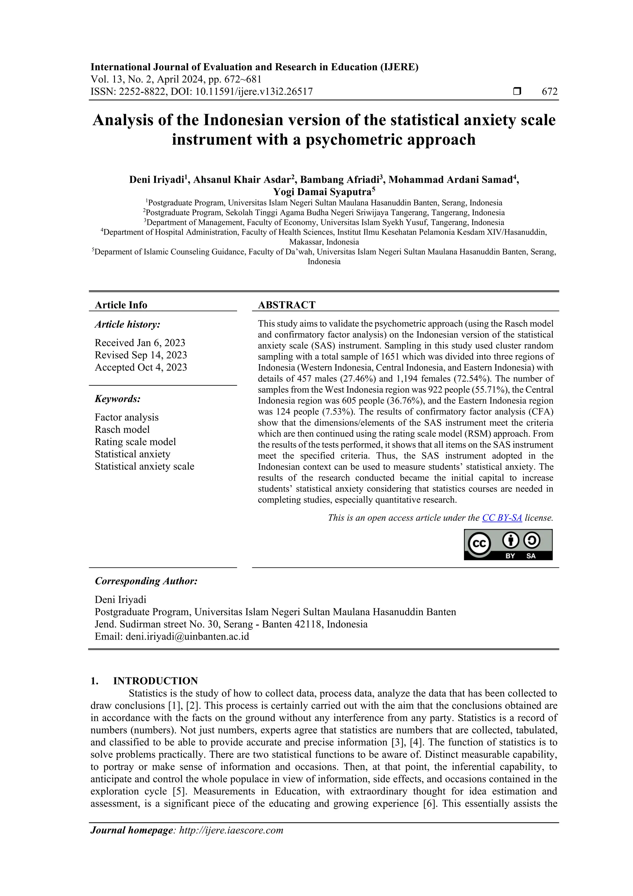 Analysis of the Indonesian version of the statistical anxiety scale instrument with a ...