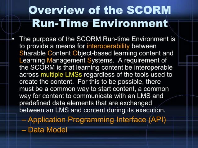 04 distance learning standards-scorm specification | PPTX | Education industry | Industries