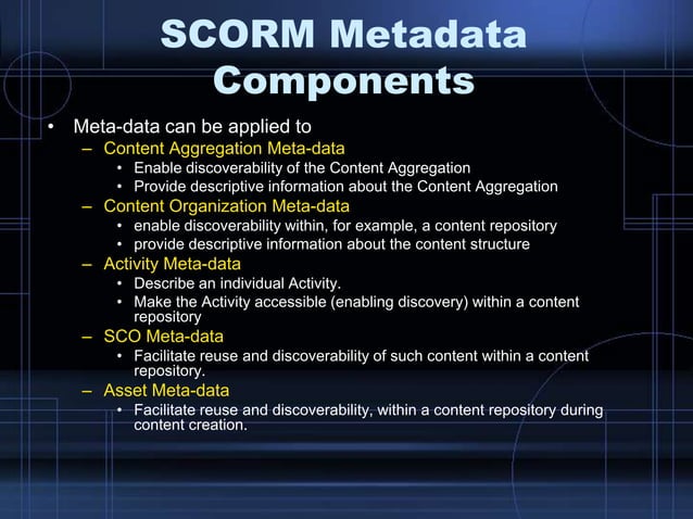 04 distance learning standards-scorm specification | PPTX | Education industry | Industries