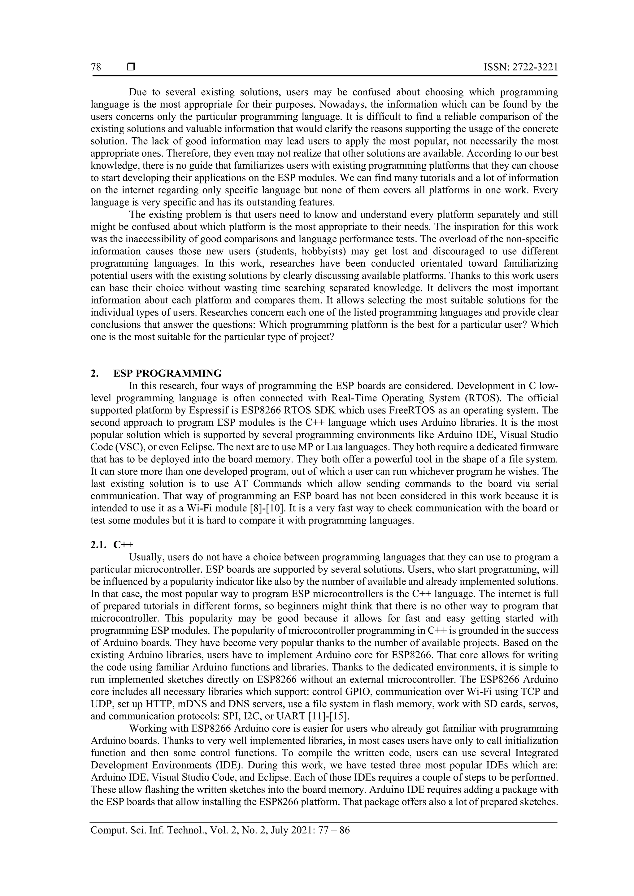 Comparison of ESP programming platforms | PDF