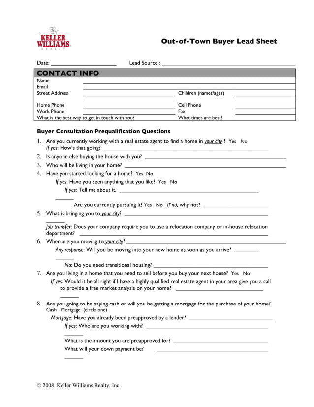 Out Of Town Buyer Lead Sheet (Scripts) | PDF