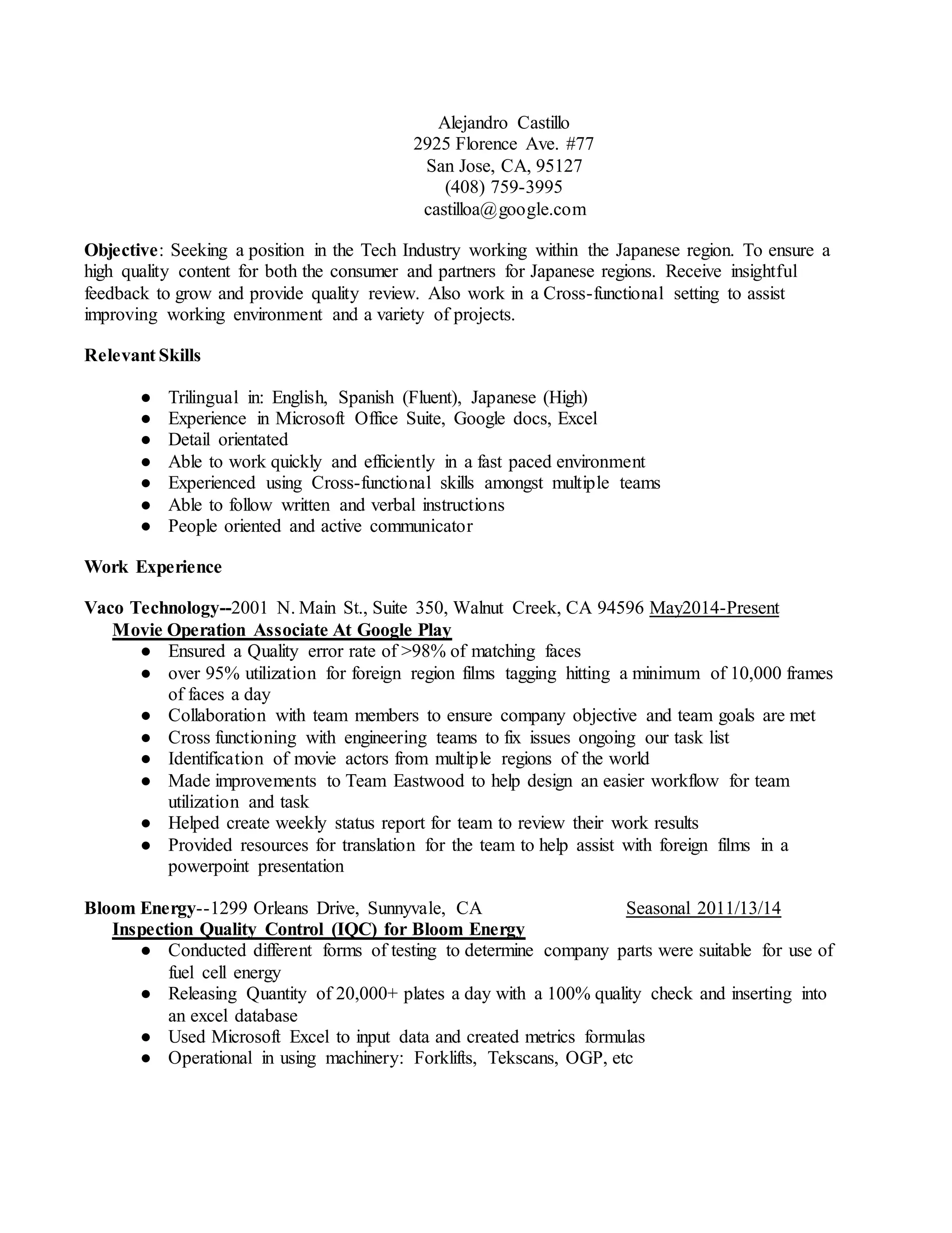 AlejandroCastilloResume2015 google | DOCX | Technology & Computing