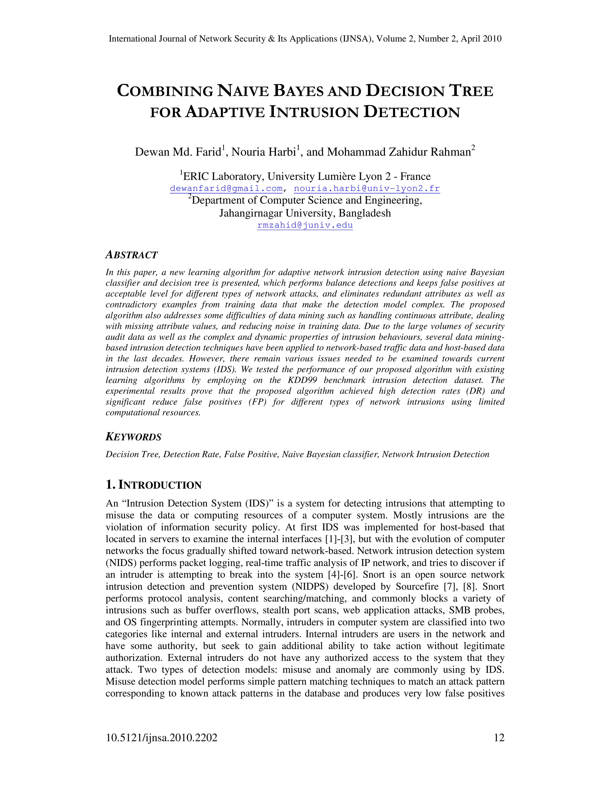 COMBINING NAIVE BAYES AND DECISION TREE FOR ADAPTIVE INTRUSION DETECTION | PDF