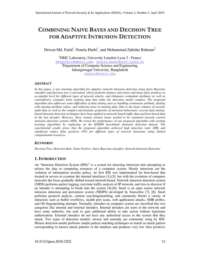 COMBINING NAIVE BAYES AND DECISION TREE FOR ADAPTIVE INTRUSION DETECTION | PDF