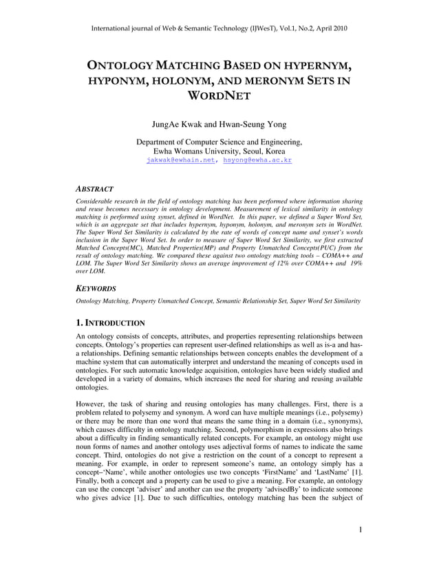 Ontology Matching Based on hypernym, hyponym, holonym, and meronym Sets ...