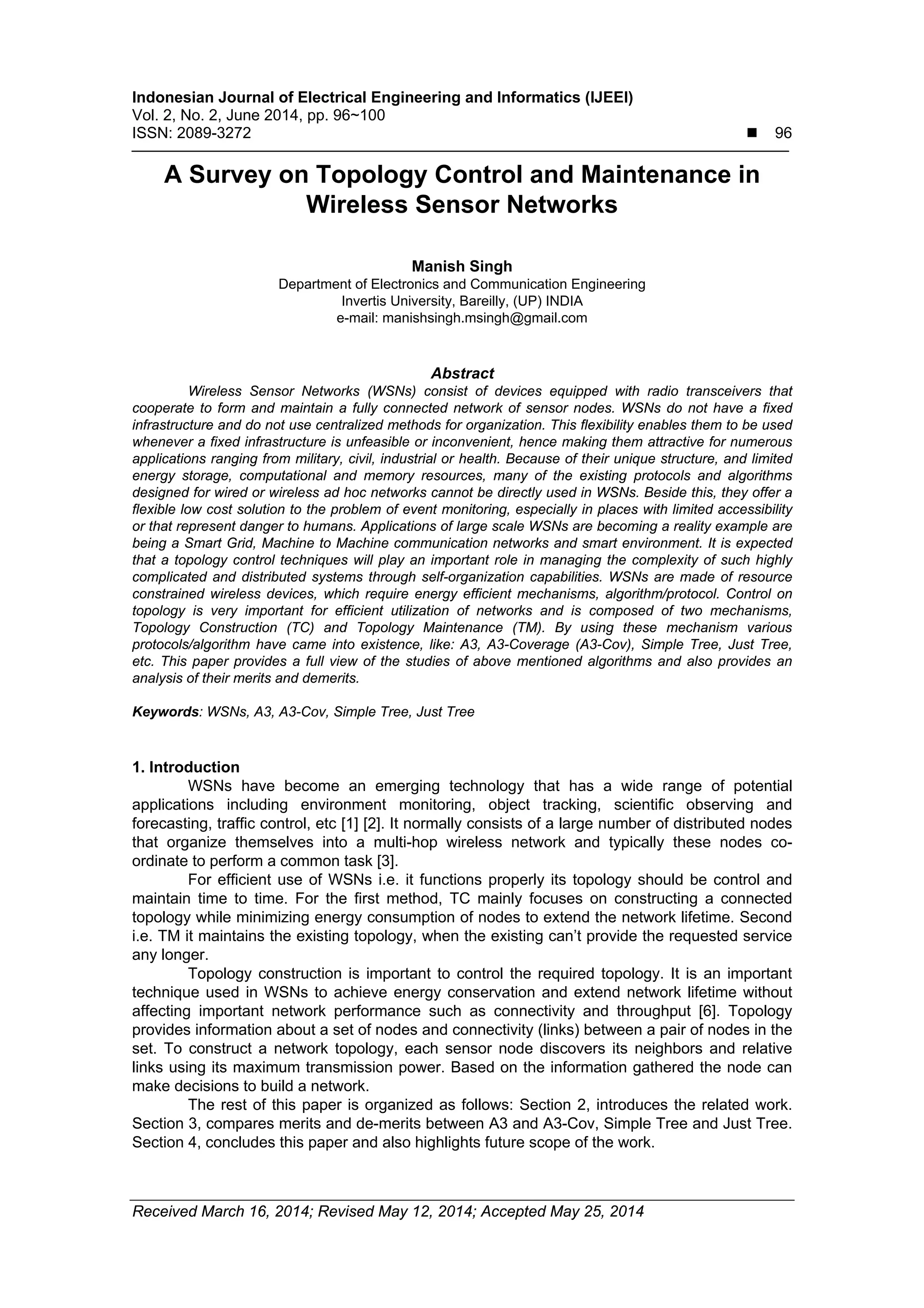 A Survey on Topology Control and Maintenance in Wireless Sensor Networks | PDF