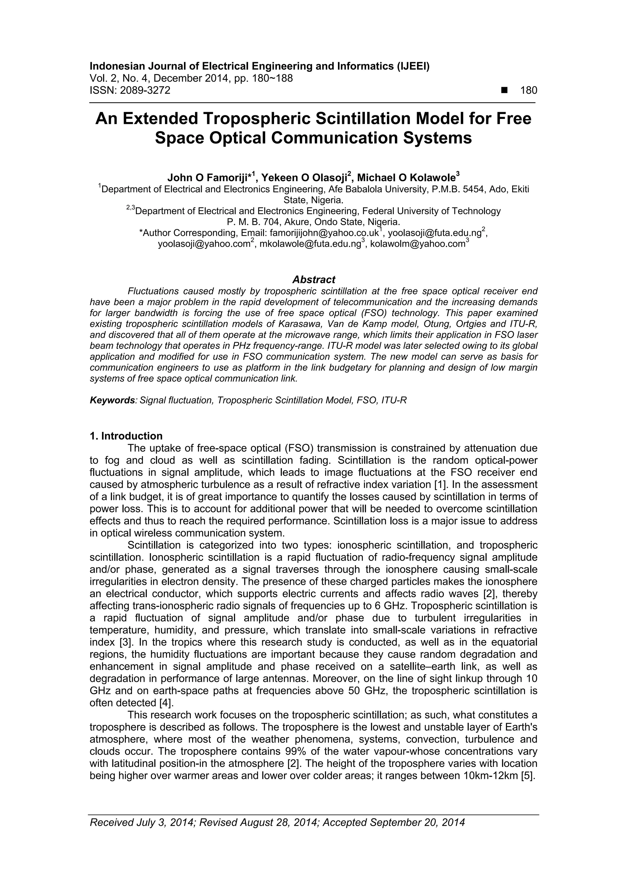 An Extended Tropospheric Scintillation Model for Free Space Optical ...