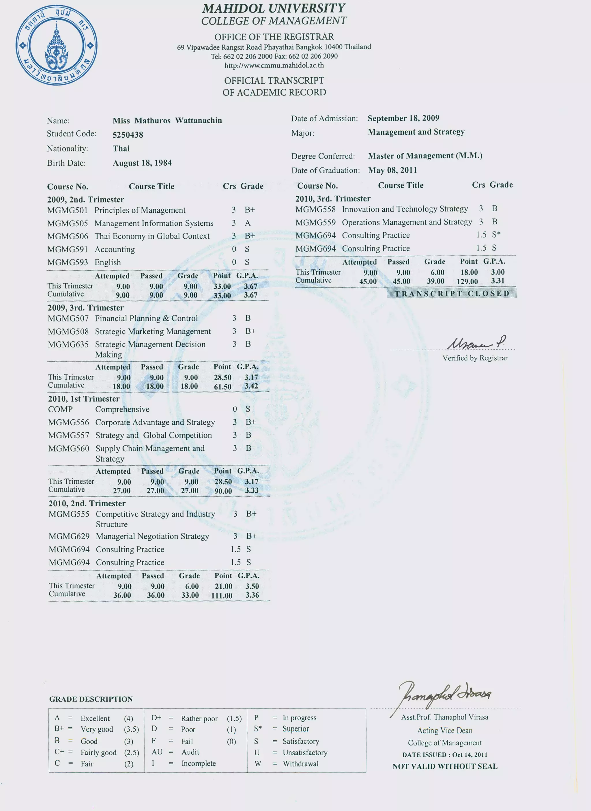 Master Transcript | PDF