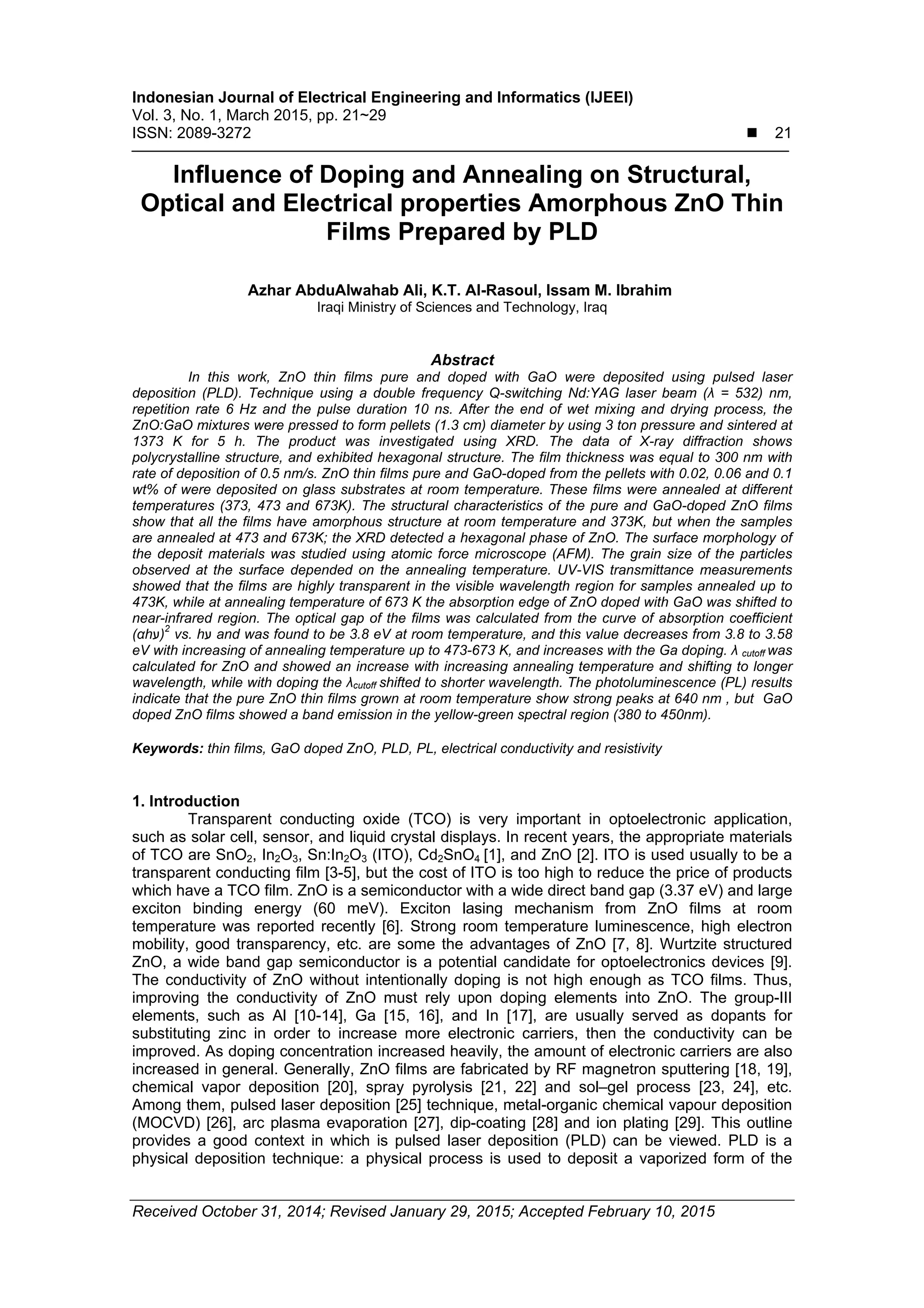 Influence of Doping and Annealing on Structural, Optical and Electrical ...