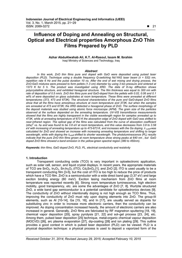 Influence of Doping and Annealing on Structural, Optical and Electrical properties Amorphous ZnO ...