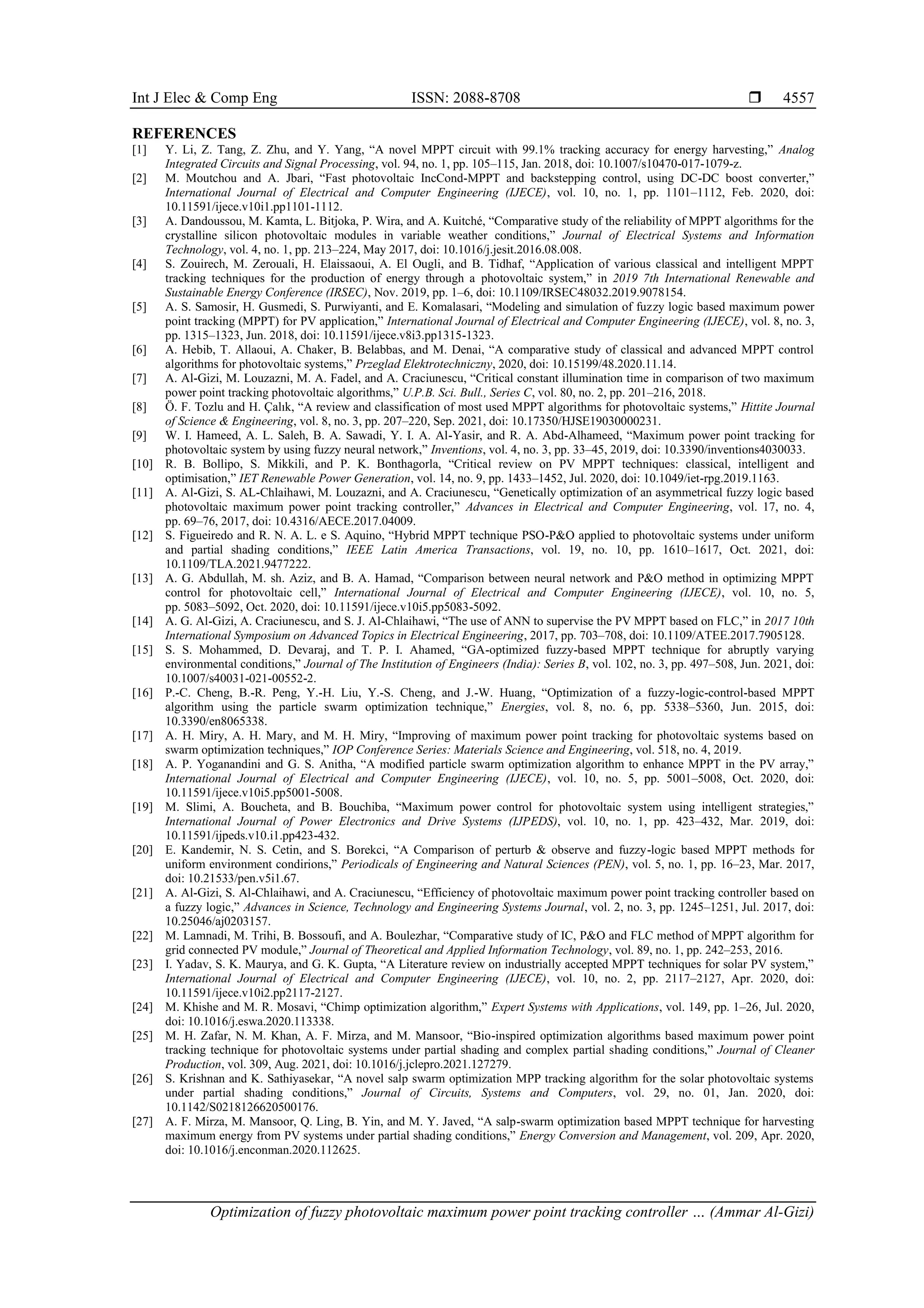 Optimization of fuzzy photovoltaic maximum power point tracking controller using chimp algorithm ...