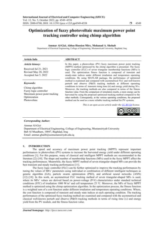 Optimization of fuzzy photovoltaic maximum power point tracking controller using chimp algorithm ...