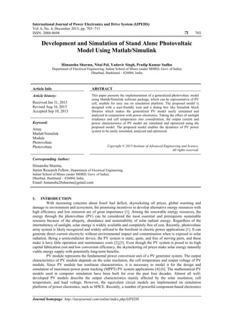 Development and Simulation of Stand Alone Photovoltaic Model Using Matlab/Simulink | PDF