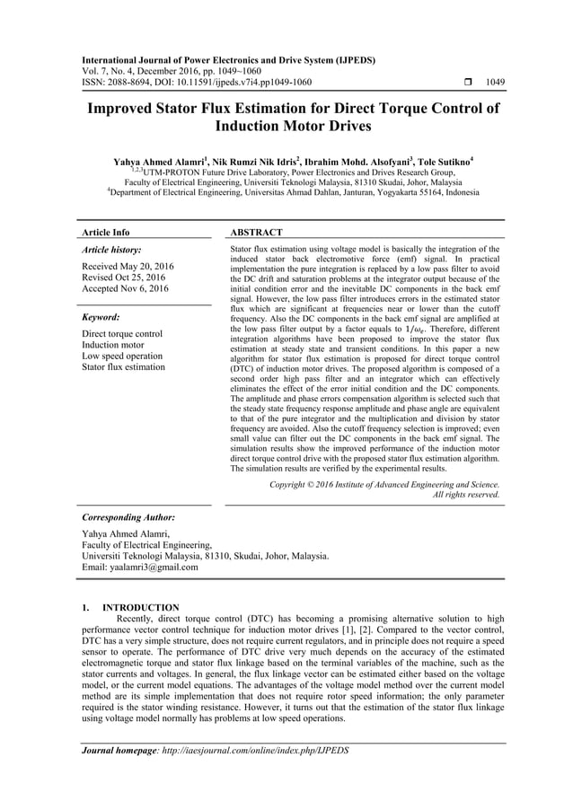 Improved Stator Flux Estimation For Direct Torque Control Of Induction