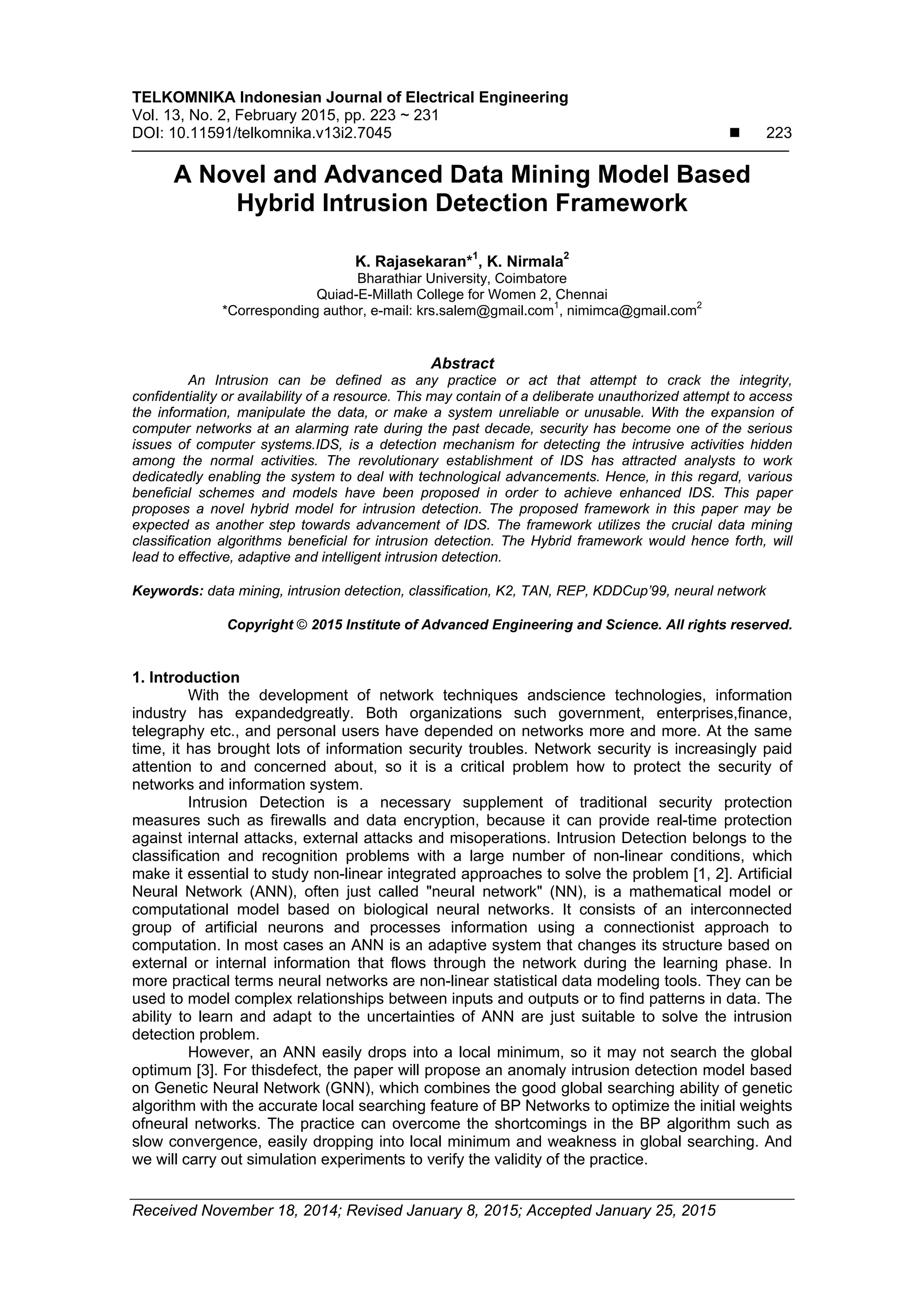 A Novel And Advanced Data Mining Model Based Hybrid Intrusion Detection Framework Pdf
