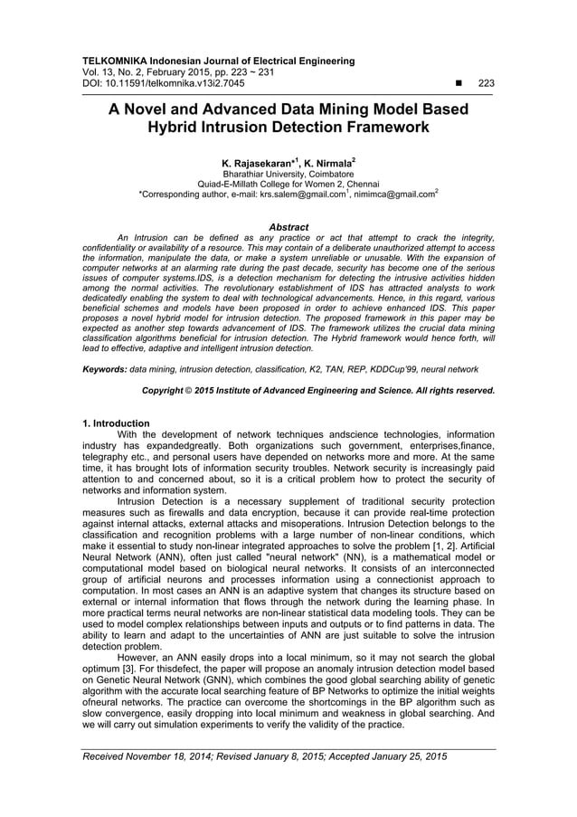 A Novel and Advanced Data Mining Model Based Hybrid Intrusion Detection Framework | PDF ...