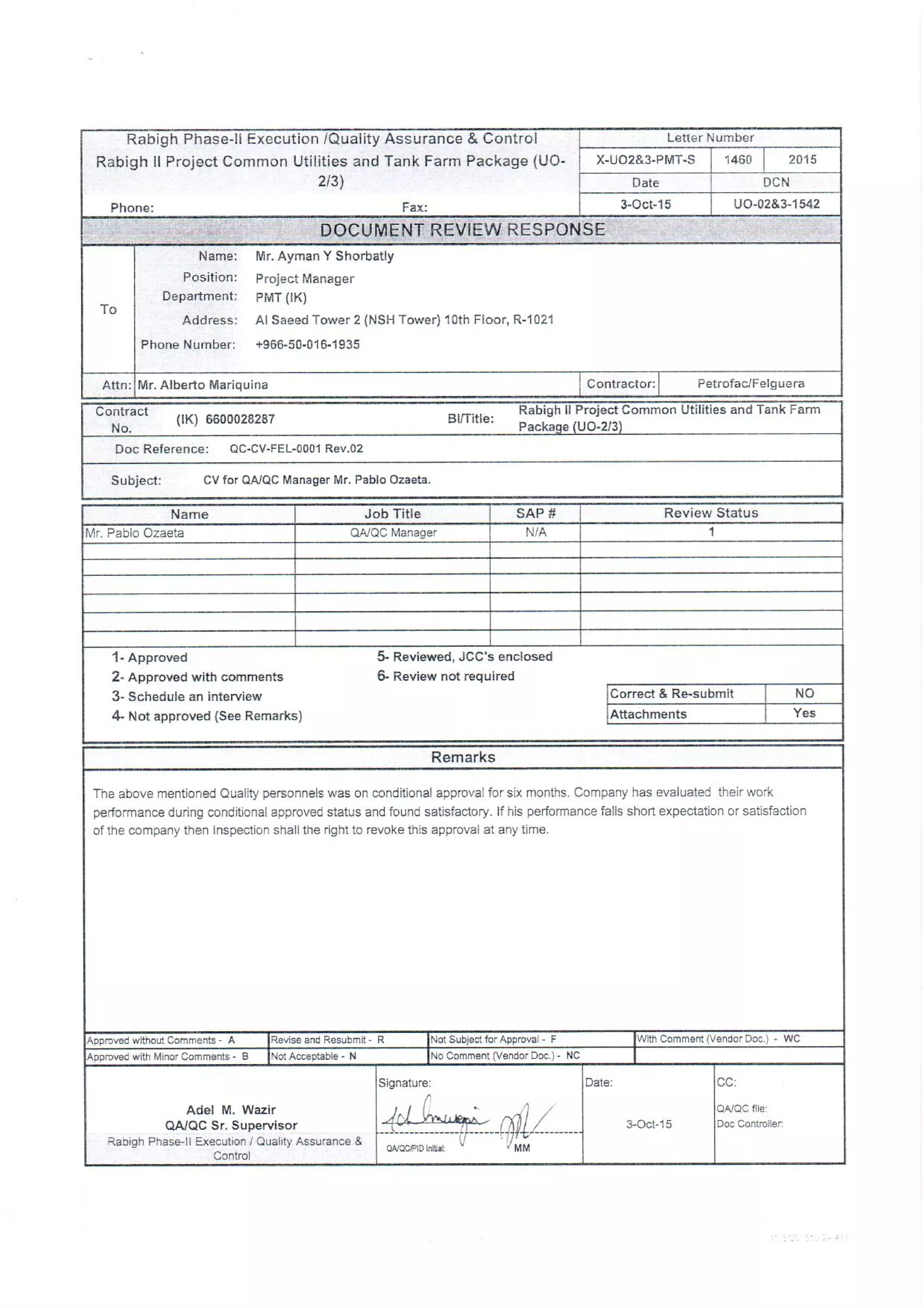 Pablo Ozaeta Approved Like QA-QC Manager | PDF