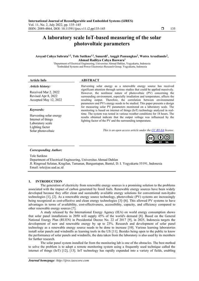 A laboratory scale IoT-based measuring of the solar photovoltaic parameters | PDF | Power and ...