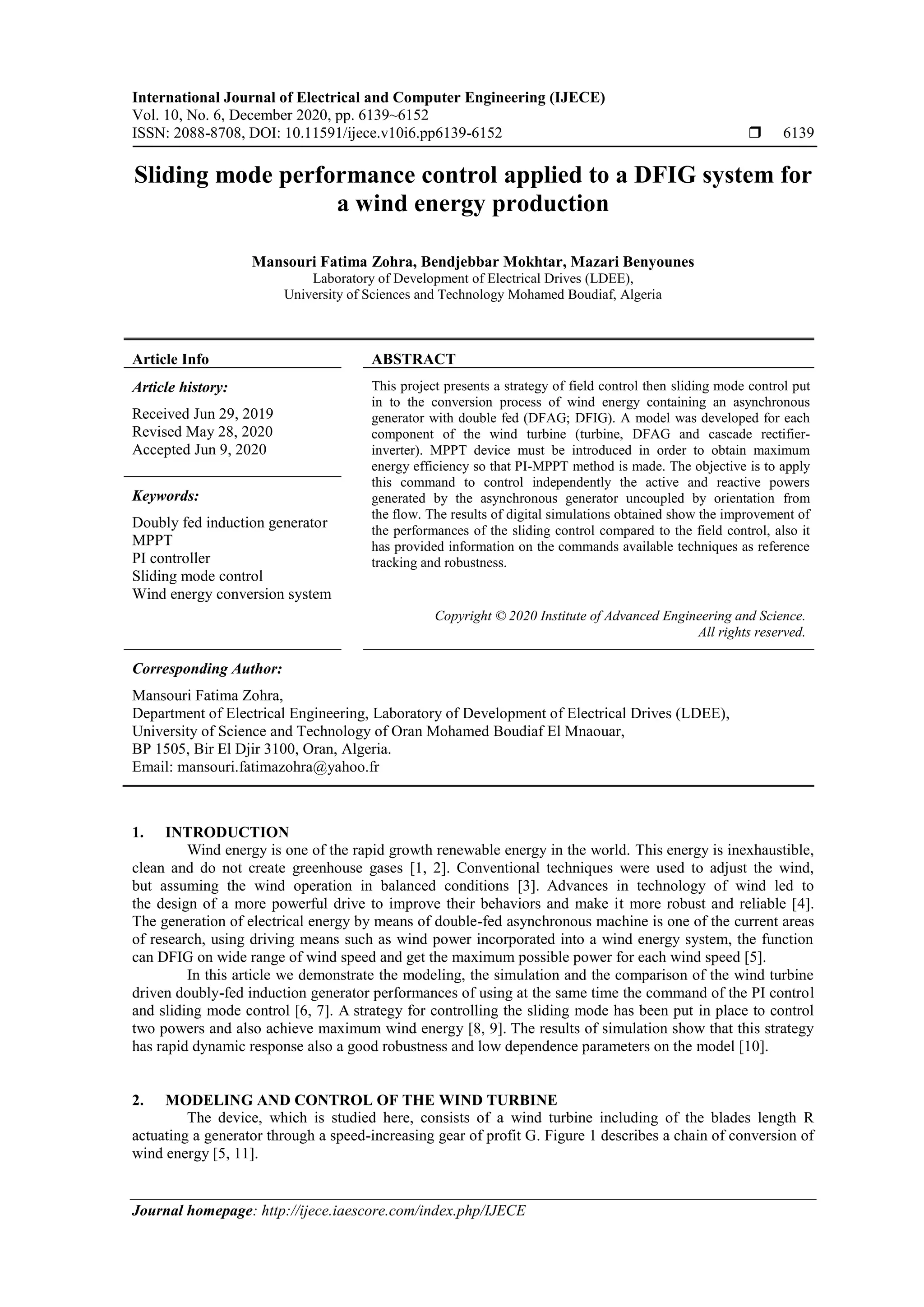 Sliding Mode Performance Control Applied To A Dfig System For A Wind Energy Production Pdf