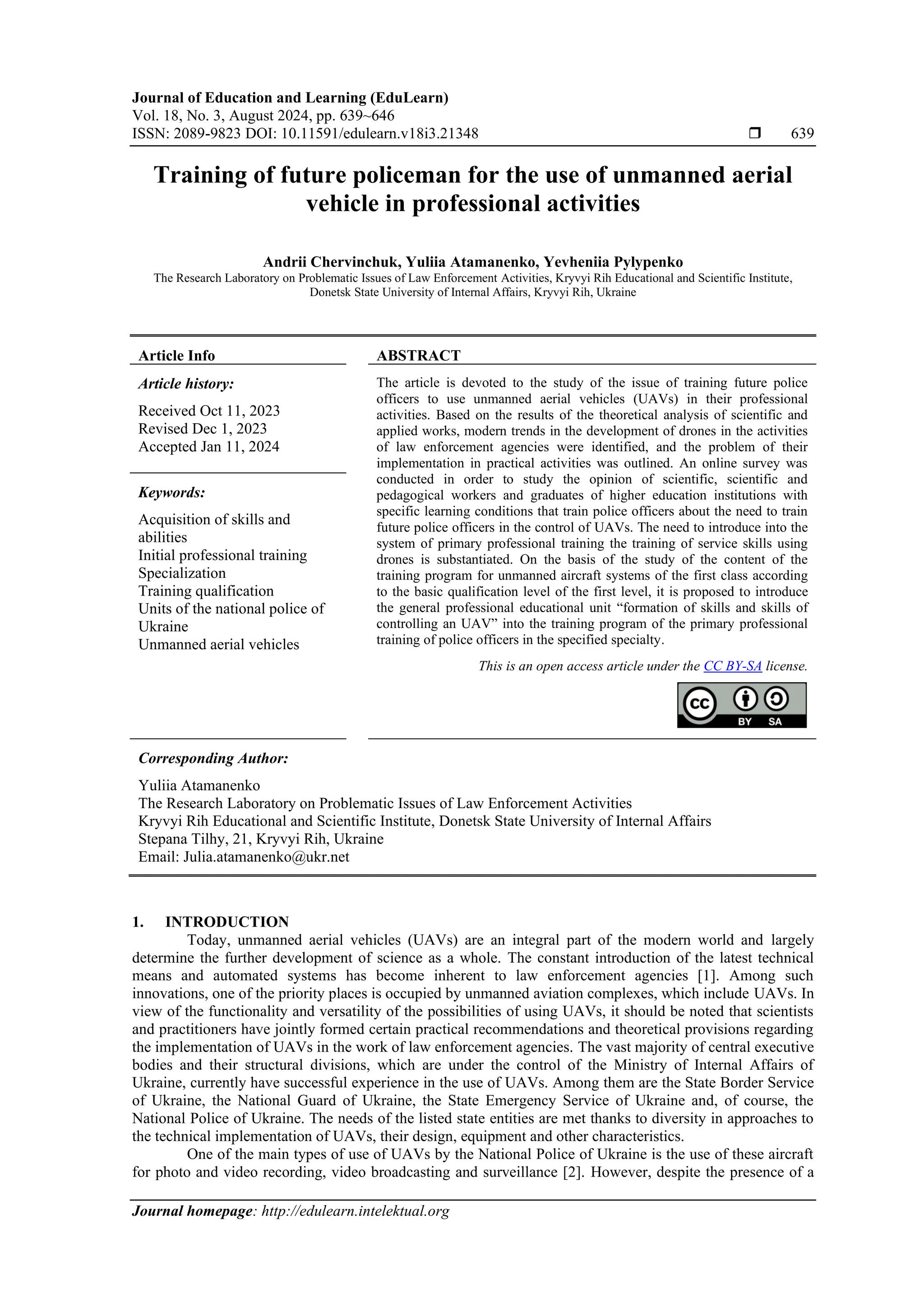 Training of future policeman for the use of unmanned aerial vehicle in ...