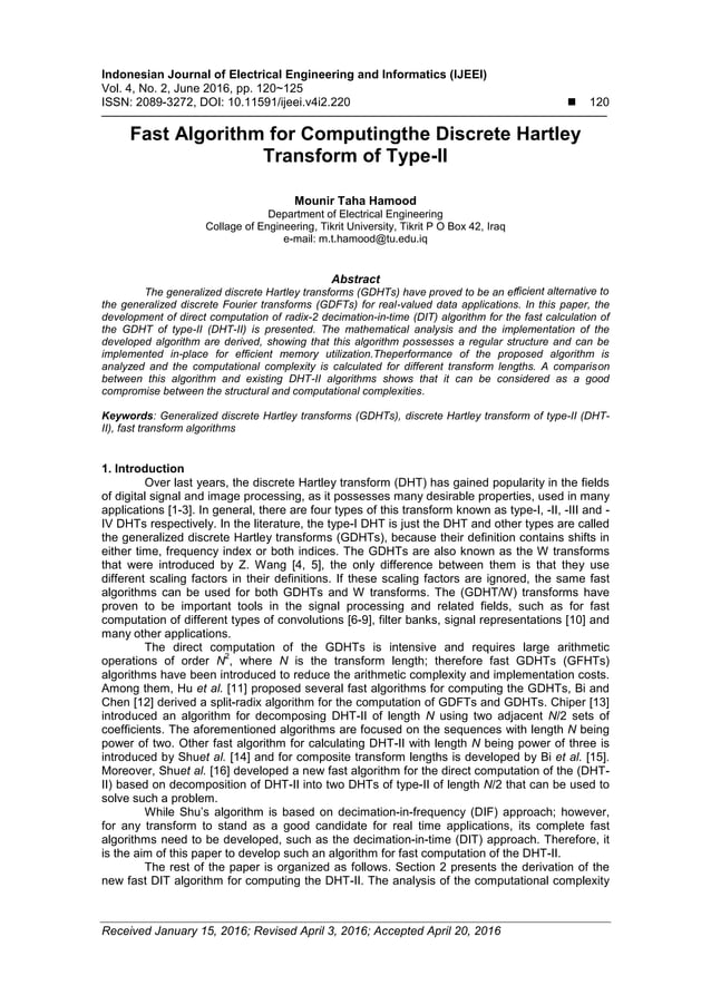 Fast Algorithm for Computing the Discrete Hartley Transform of Type-II | PDF