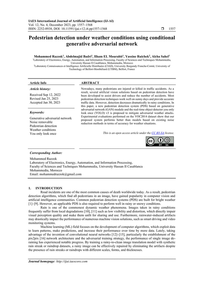 Pedestrian detection under weather conditions using conditional generative adversarial network | PDF