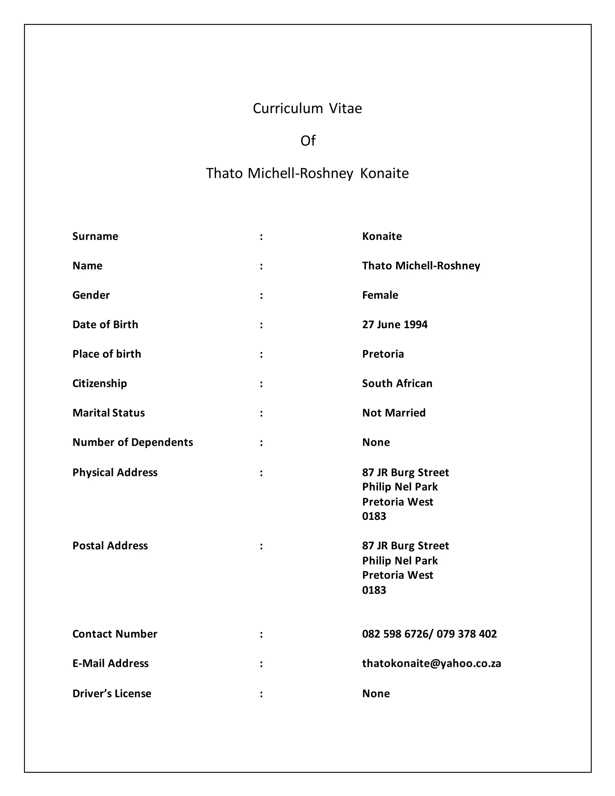 Curriculum Vitae.docx of Thato | DOCX