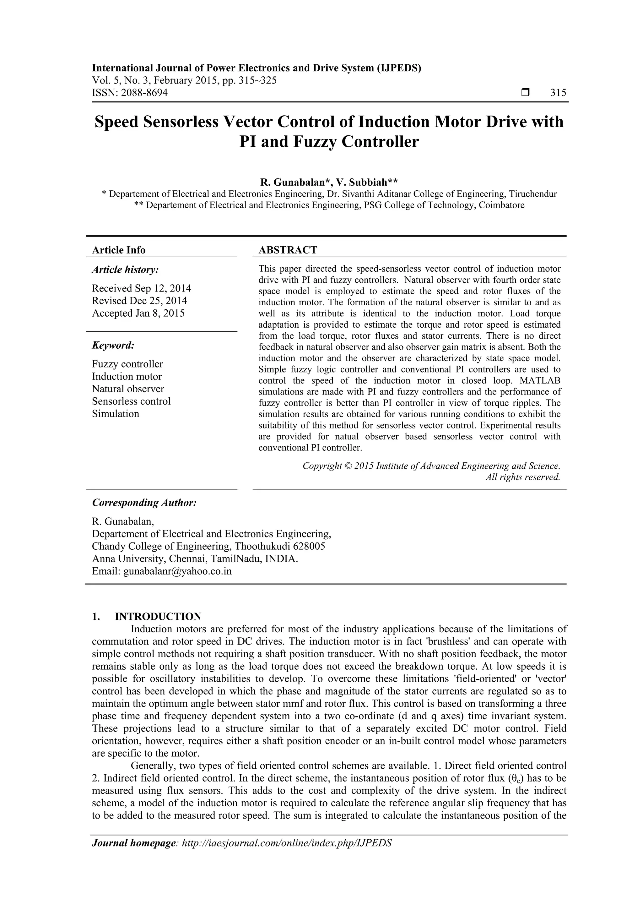 Speed Sensorless Vector Control Of Induction Motor Drive With Pi And Fuzzy Controller Pdf