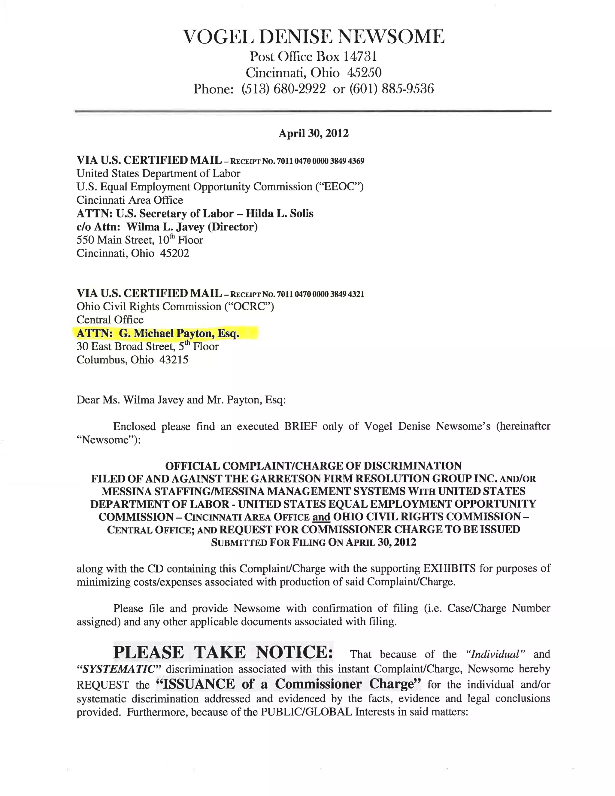 043012 EEOC & OCRC Complaint/Charge (GarretsonResolutionGroup) | PDF | Crime & Harmful Acts to ...