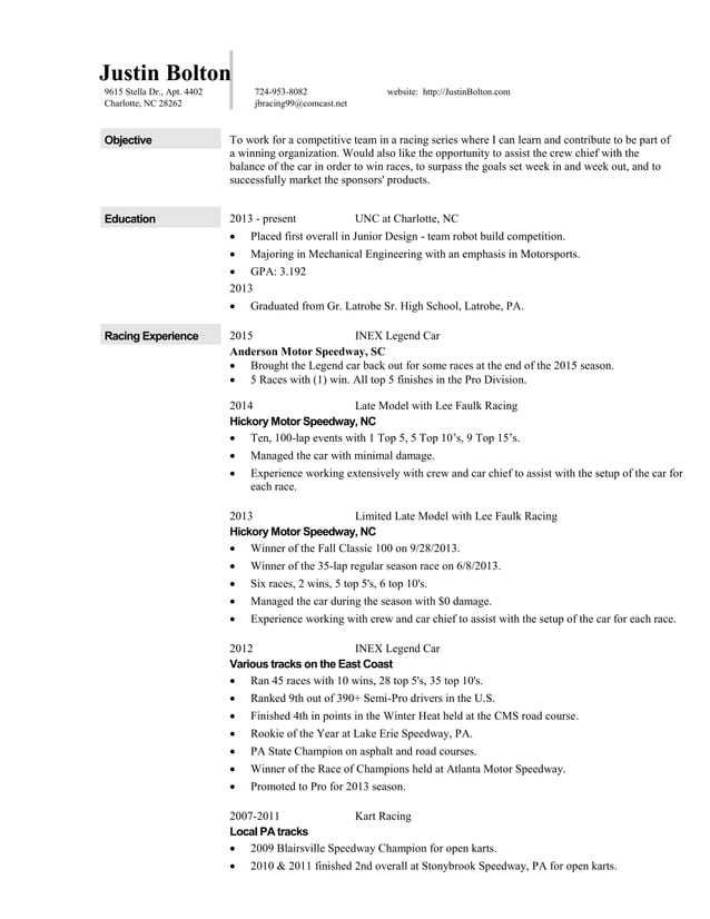 Bolton - Resume - SHR 12-12 | PDF | Auto Racing | Sports